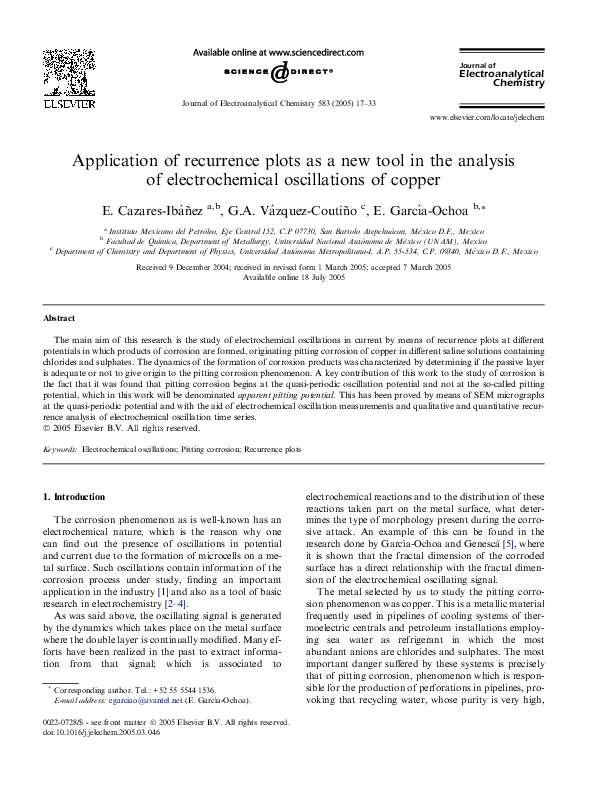 (PDF) Application of recurrence plots as a new tool in the analysis of electrochemical ...