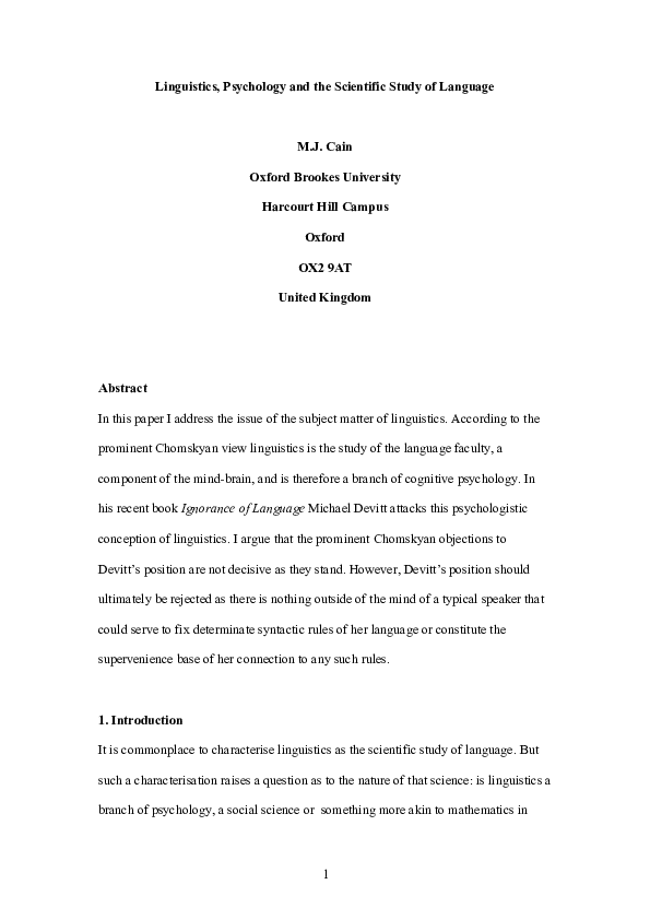 (PDF) Linguistics, Psychology and the Scientific Study of Language