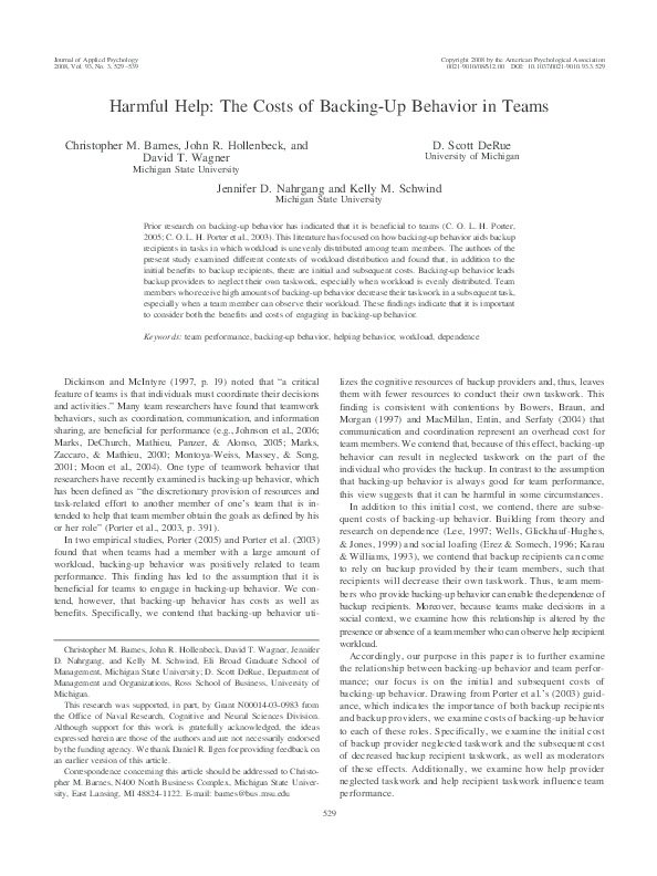 (PDF) Harmful help: The costs of backing-up behavior in teams
