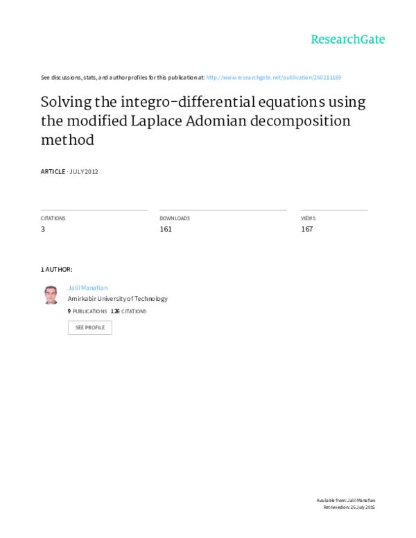 Pdf ﻿ Solving The Integro Differential Equations Using The Modified Laplace Adomian
