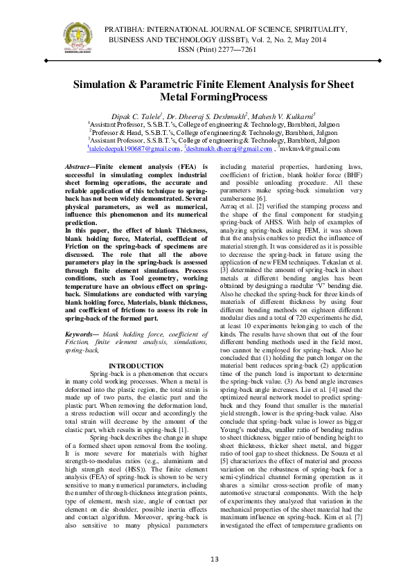 Pdf Simulation And Parametric Finite Element Analysis For Sheet Metal