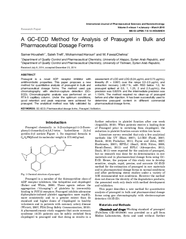 (PDF) A GC–ECD Method for Analysis of Prasugrel in Bulk and Pharmaceutical Dosage Forms