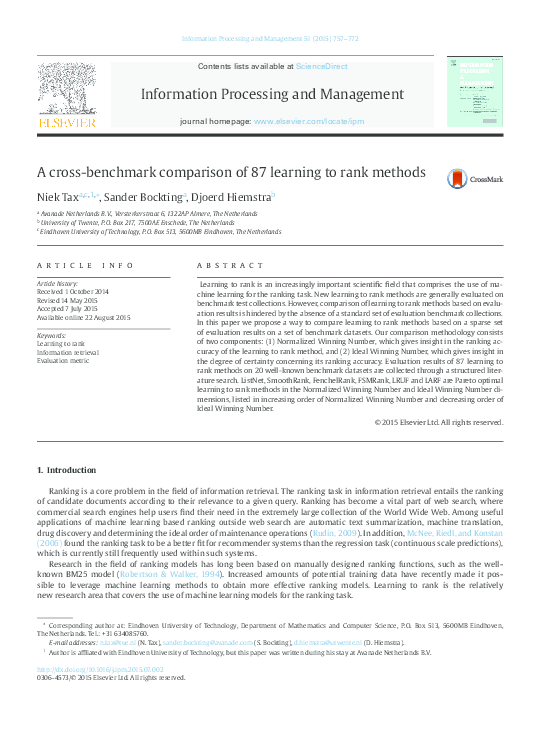 (PDF) A cross-benchmark comparison of 87 learning to rank methods