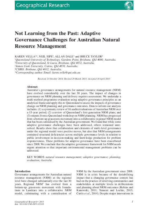 (PDF) Not Learning from the Past: Adaptive Governance Challenges for ...