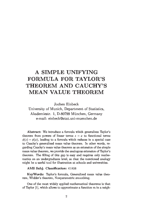 (PDF) A Simple Unifying Formula for Taylor's Theorem and Cauchy's Mean ...