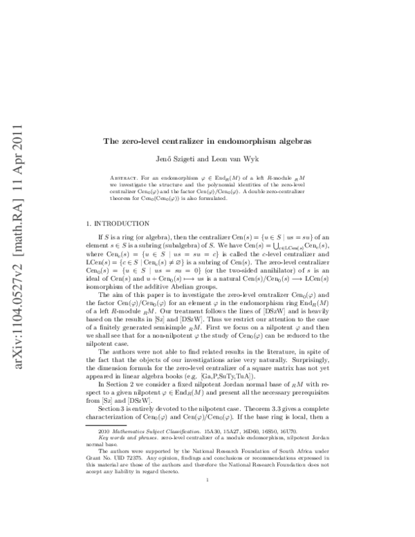 (PDF) The zero-level centralizer in endomorphism algebras