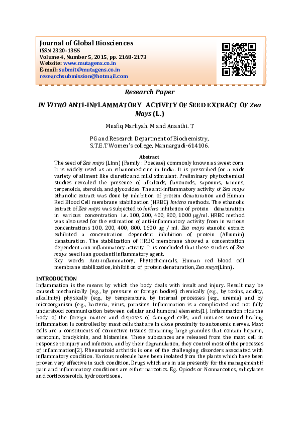 (PDF) IN VITRO ANTI-INFLAMMATORY ACTIVITY OF SEED EXTRACT OF ZEA MAYS (L.)