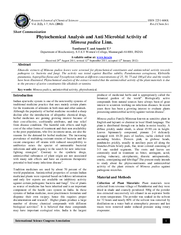 (PDF) Phytochemical Analysis and Anti Microbial Activity of Mimosa pudica Linn.