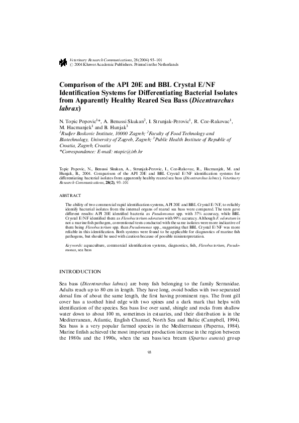 Pdf Comparison Of The Api 20e And Bbl Crystal E Nf Identi¢cation Systems For Di¡erentiating