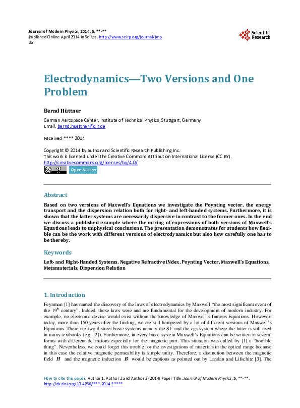 (PDF) Electrodynamics—Two Versions and One Problem