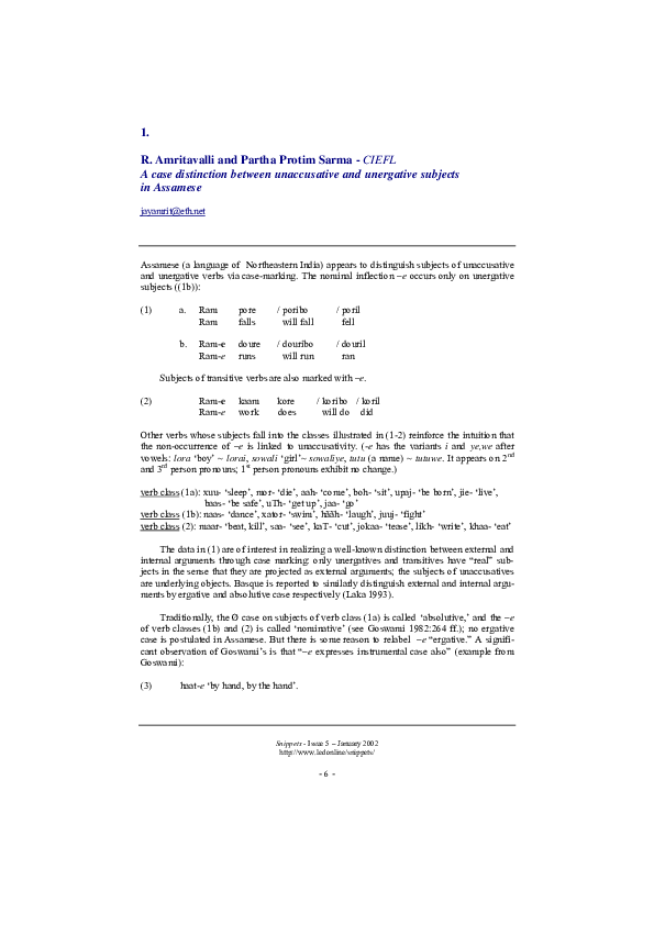(PDF) R. Amritavalli and Partha Protim Sarma - CIEFL A case distinction between unaccusative and ...