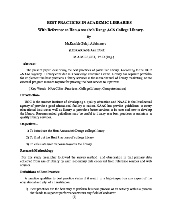 (PDF) BEST PRACTICES IN ACADEMIC LIBRARIES With Reference to Hon ...