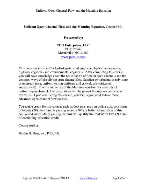 Uniform Open Channel Flow and the Manning Equation Uniform Open Channel Flow and the Manning ...