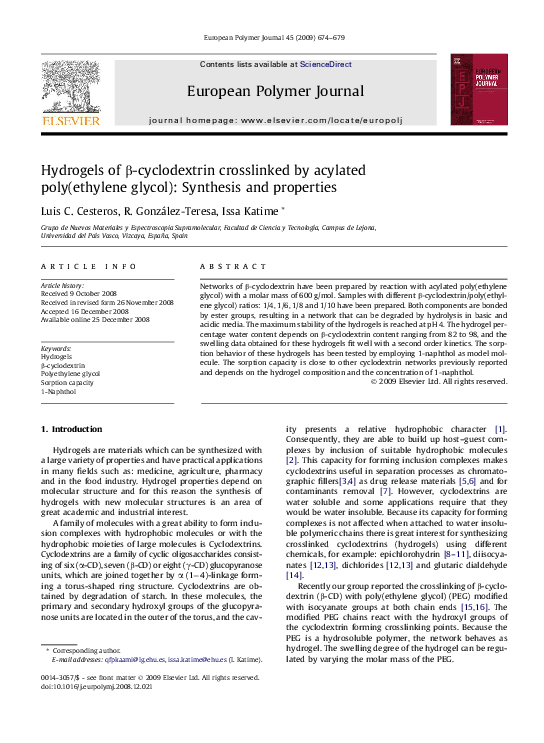 Pdf Hydrogels Of β Cyclodextrin Crosslinked By Acylated Poly Ethylene Glycol Synthesis And