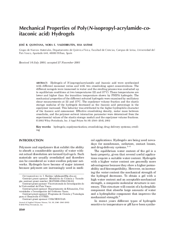 (PDF) Mechanical properties of poly(N-isopropyl-acrylamide-co-itaconic ...