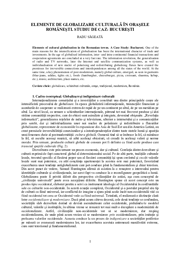 (PDF) Elemente de globalizare culturala in orasele romanesti. Bucuresti