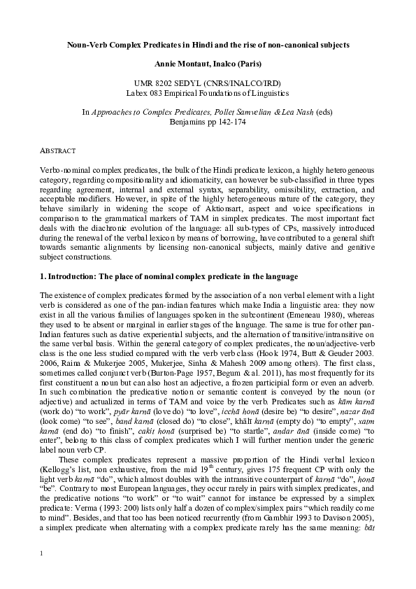 Noun Verb Complex Predicates In Hindi And The Rise Of Non Canonical