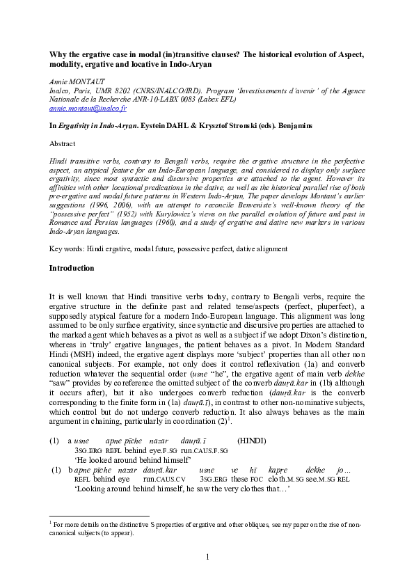 Why the ergative case in modal (in)transitive clauses? The historical ...