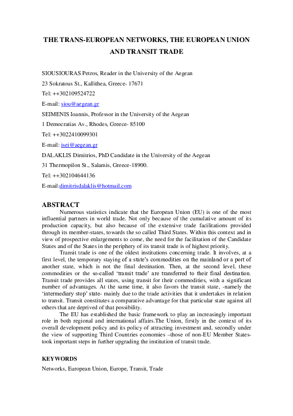 (PDF) THE TRANS-EUROPEAN NETWORKS, THE EUROPEAN UNION ΑND TRANSIT TRADE