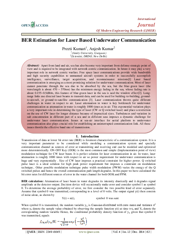 (PDF) BER Estimation for Laser Based Underwater Communication