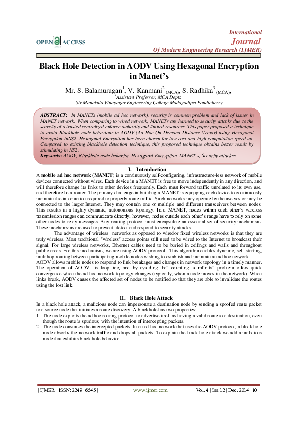 Pdf Black Hole Detection In Aodv Using Hexagonal Encryption In Manets