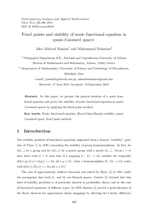 (PDF) Fixed points and stability of nonic functional equation in quasi-β-normed spaces