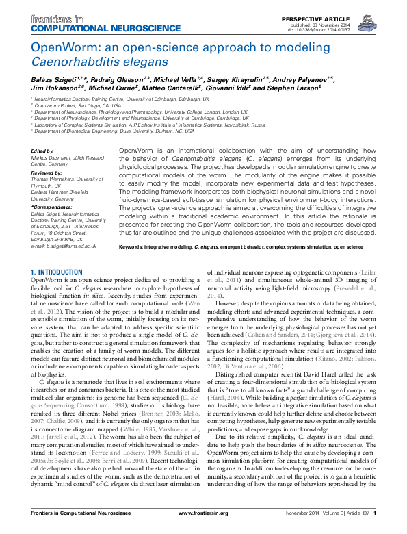(PDF) OpenWorm: an open-science approach to modeling Caenorhabditis elegans