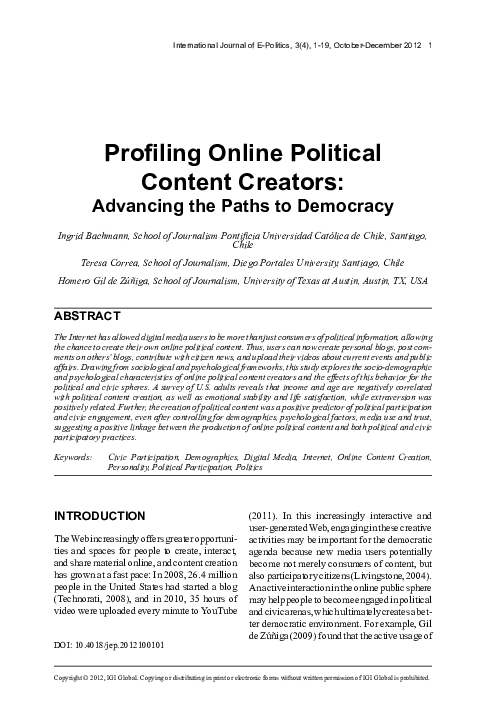 Profiling online content creators: Advancing the paths to democracy