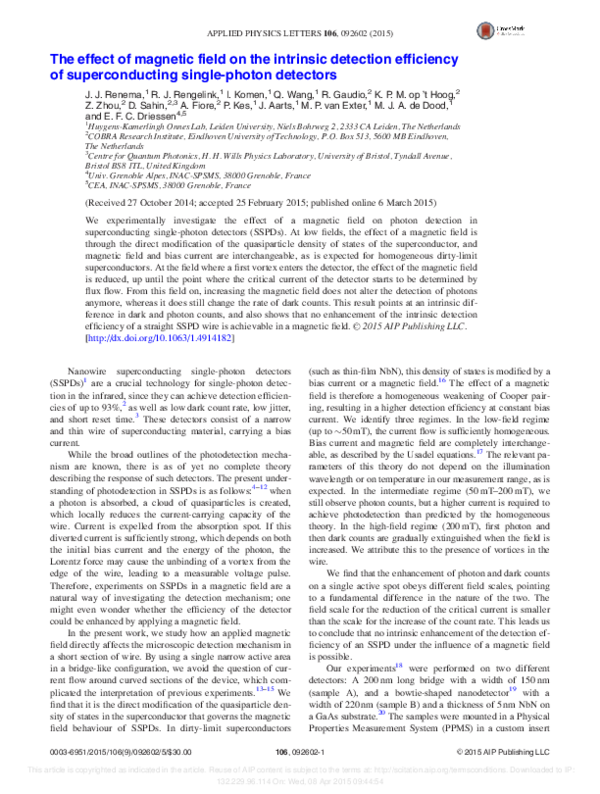 Pdf The Effect Of Magnetic Field On The Intrinsic Detection Effciency Of Superconducting