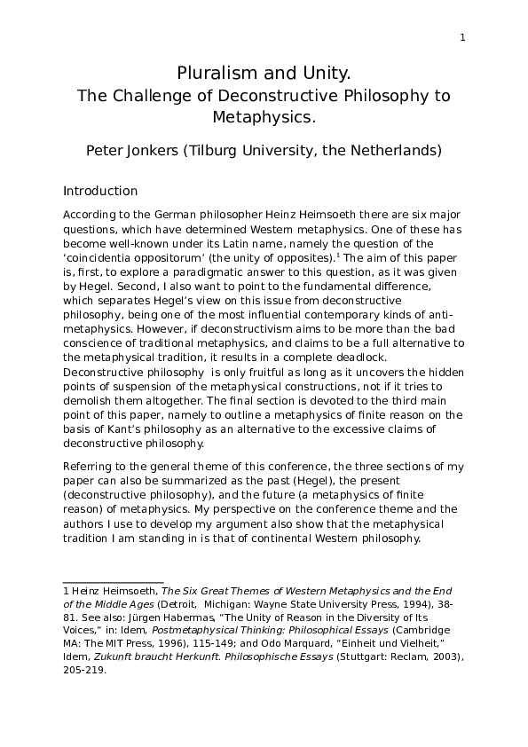 (DOC) Pluralism and Unity. The Challenge of Deconstructive Philosophy ...