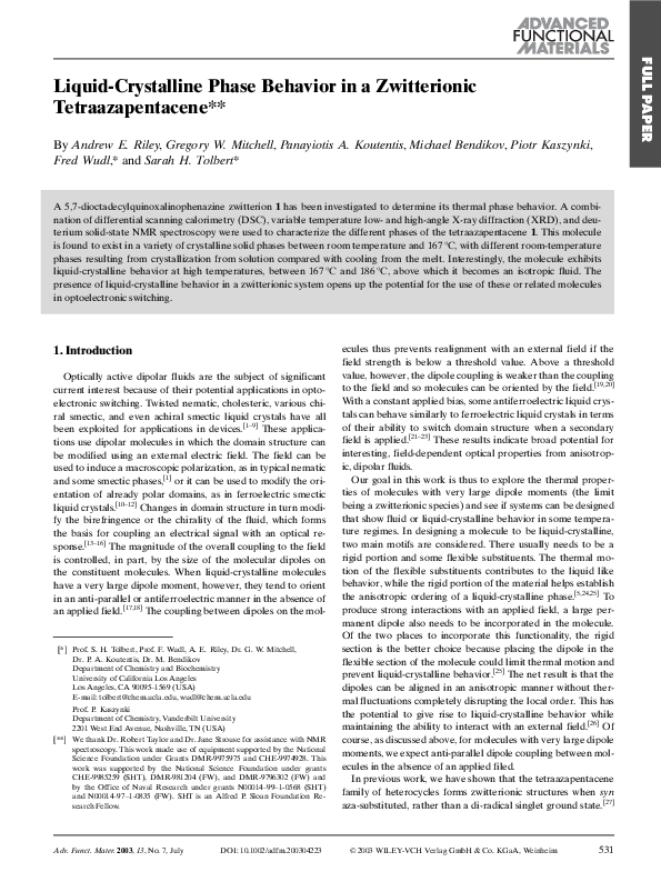 (PDF) Liquid-Crystalline Phase Behavior in a Zwitterionic Tetraazapentacene