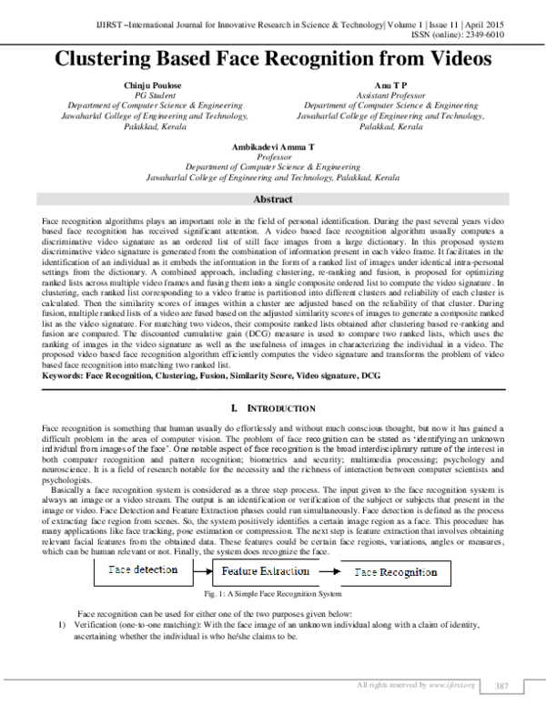 Pdf Clustering Based Face Recognition From Videos
