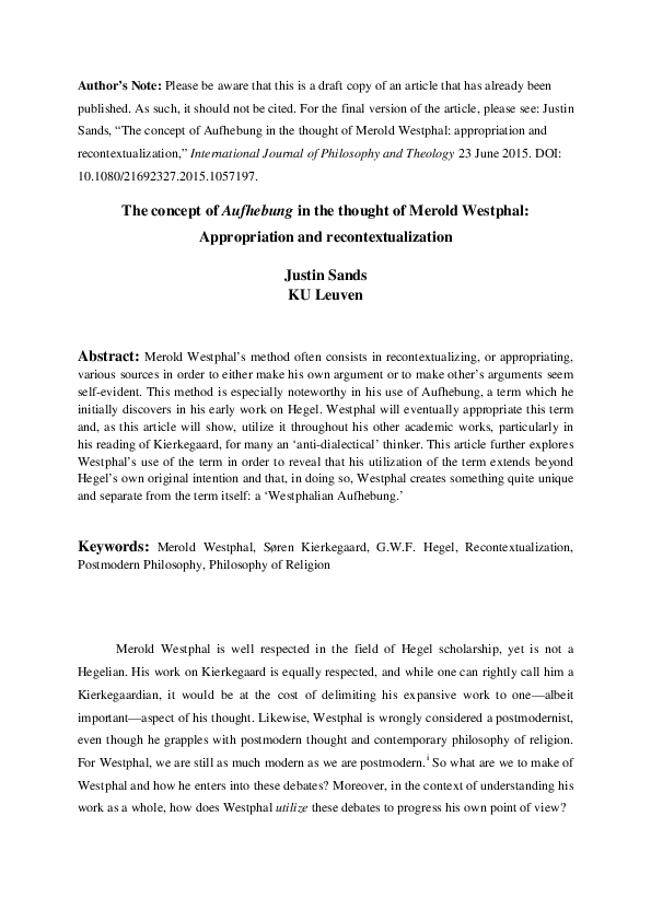 (PDF) The concept of Aufhebung in the thought of Merold Westphal ...