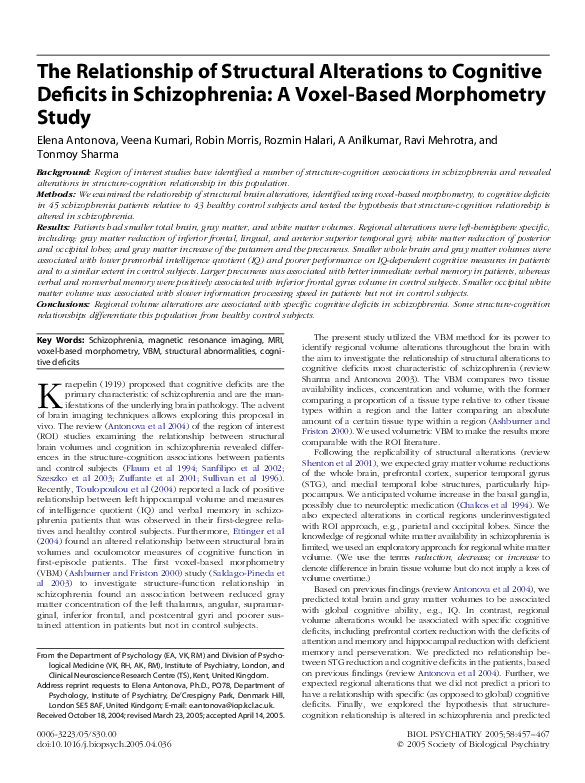 Pdf Antonova Et Al Structural Alterations And Cognitive Deficits Schizophrenia Vbm 2005