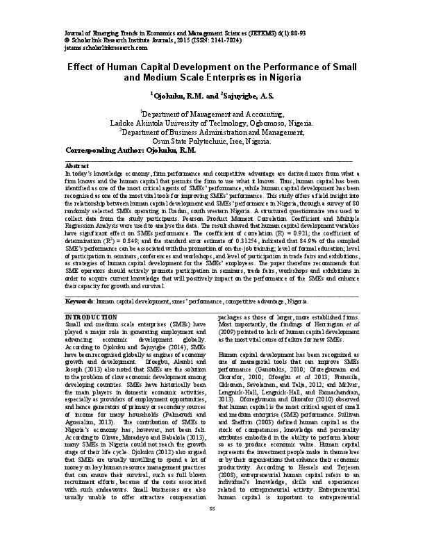 (PDF) Effect of Human Capital Development on the Performance of Small and Medium Scale ...