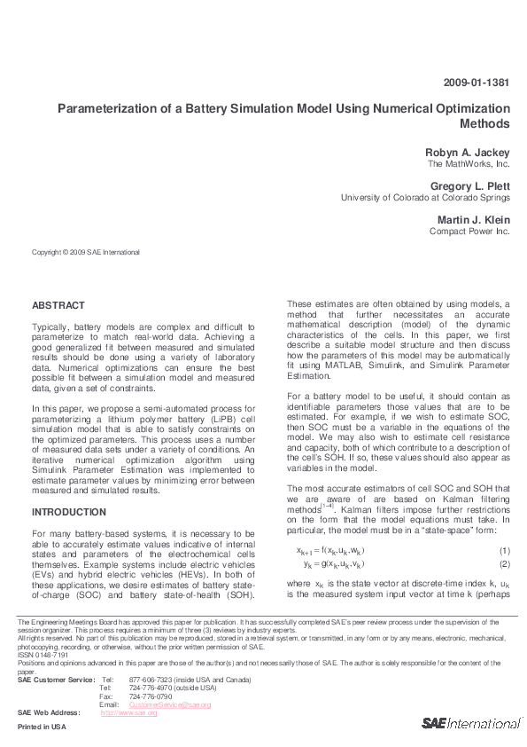 (PDF) Parameterization of a Battery Simulation Model Using Numerical Optimization Methods