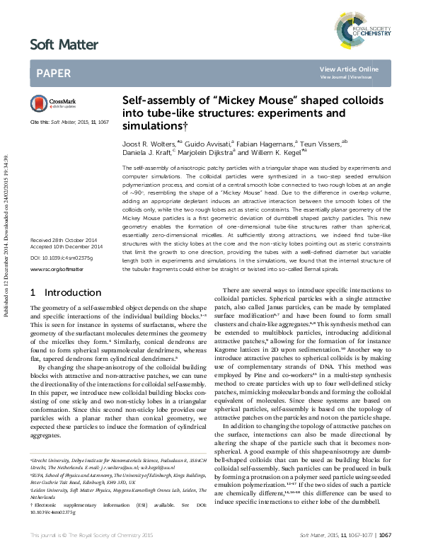 (PDF) Self-assembly of ``Mickey Mouse'' shaped colloids into tube-like ...