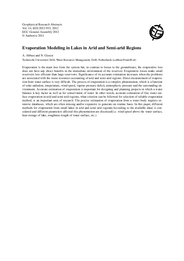 Pdf Evaporation Modeling In Lakes In Arid And Semi Arid Regions