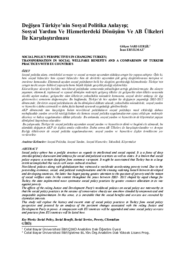 (DOC) SOCIAL POLICY PERSPECTIVES IN CHANGING TURKEY; TRANSFORMATION IN ...