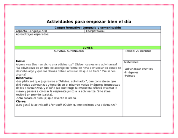 (DOC) Actividades para empezar bien el día
