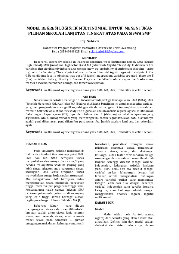 (PDF) Model Regresi Logistik Multinomial Untuk Menentukan Pilihan Sekolah Lanjutan Tingkat Atas ...