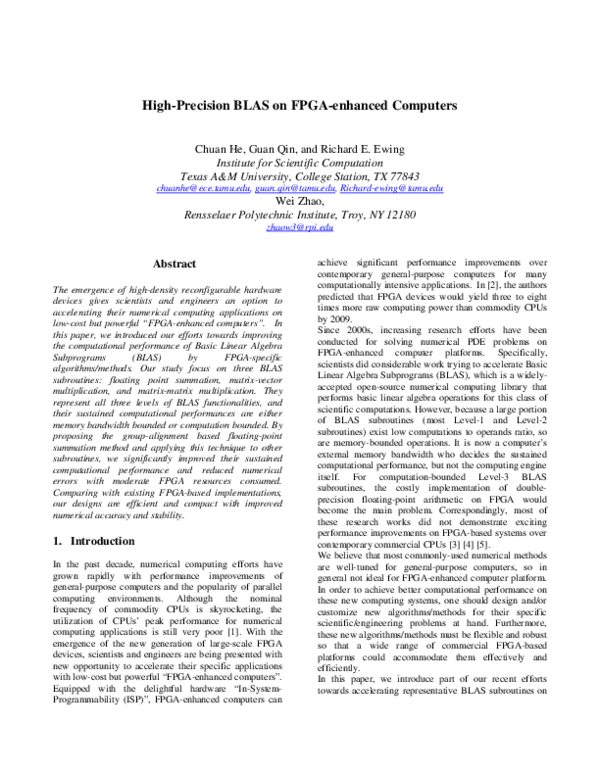 Pdf High Precision Blas On Fpga Enhanced Computers