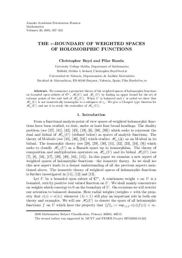 Pdf The V Boundary Of Weighted Spaces Of Holomorphic Functions