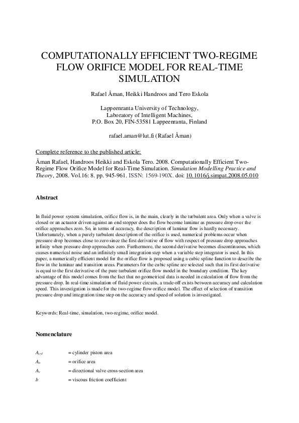 Pdf Computationally Efficient Two Regime Flow Orifice Model For Real
