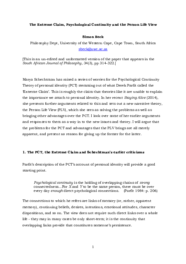 (PDF) The Extreme Claim, Psychological Continuity and the Person Life View