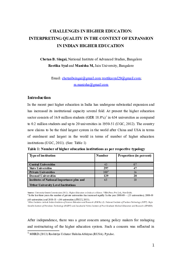 CHALLENGES IN HIGHER EDUCATION: INTERPRETING QUALITY IN THE CONTEXT OF ...