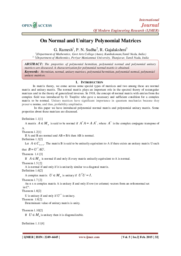 (PDF) On Normal and Unitary Polynomial Matrices
