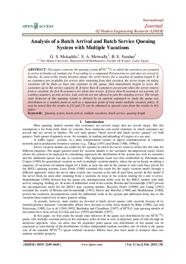 Pdf Analysis Of A Batch Arrival And Batch Service Queuing System With Multiple Vacations