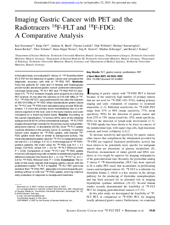 (PDF) Imaging Gastric Cancer with PET and the Radiotracers 18F-FLT and ...