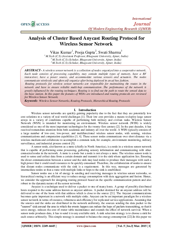 Pdf Analysis Of Cluster Based Anycast Routing Protocol For Wireless Sensor Network